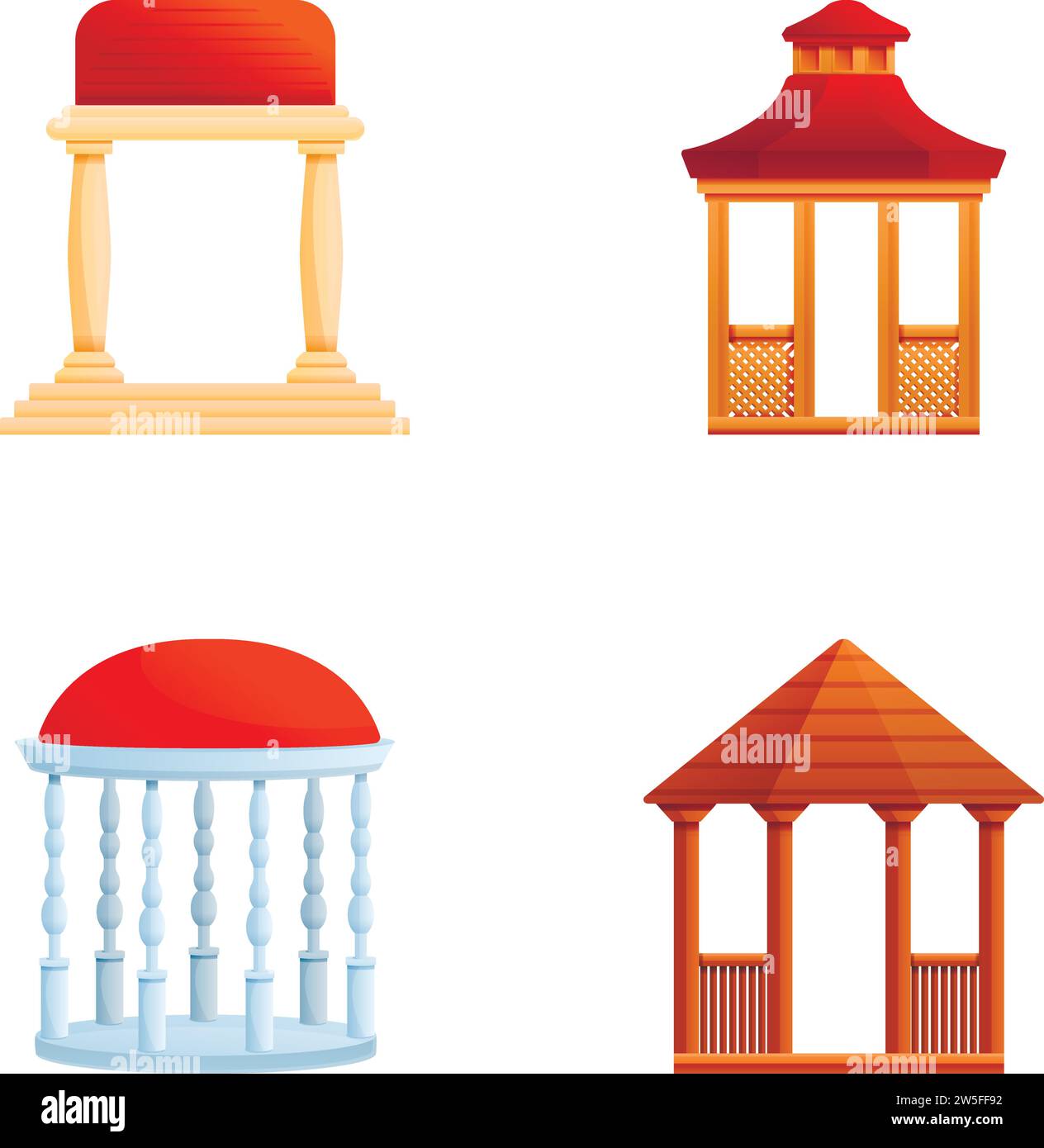 Pavilion icons set cartoon vector. Gazebo or pavilion structure. City ...