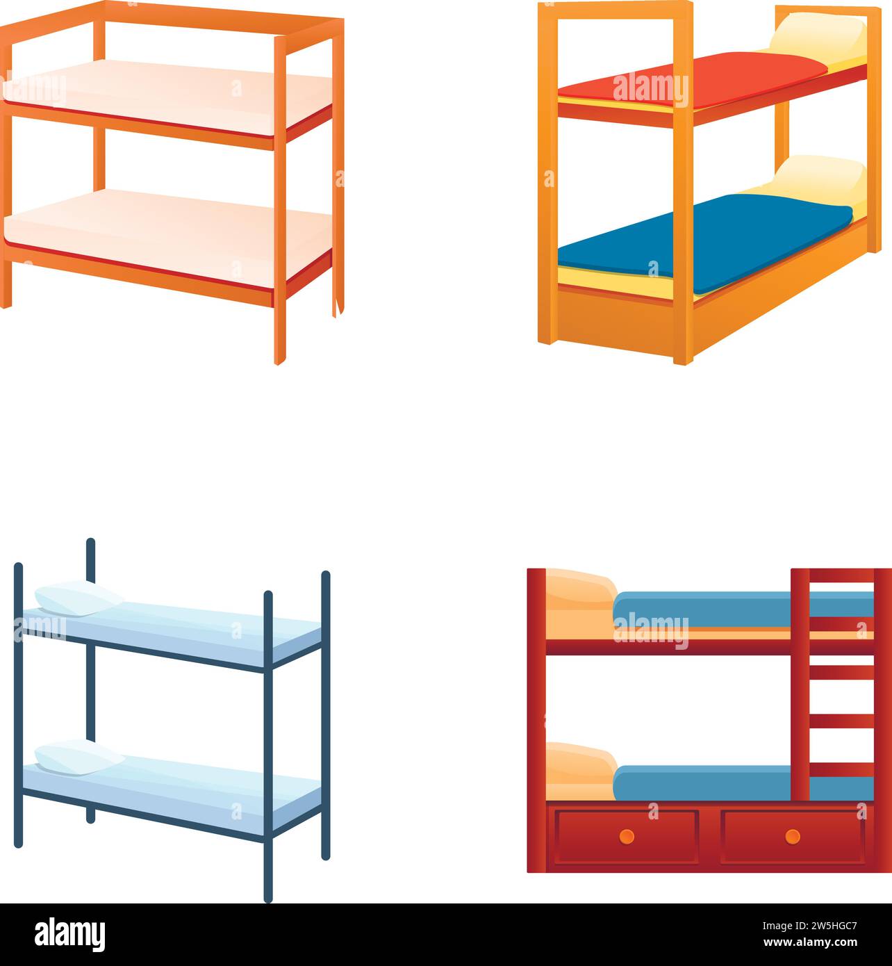 Wooden bed icons set cartoon vector. Two tier bed with mattress and ...