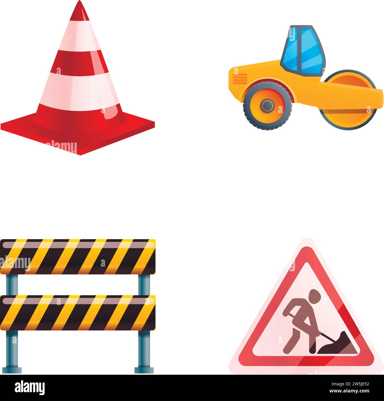 Road work icons set cartoon vector. Road roller and renovation sign ...