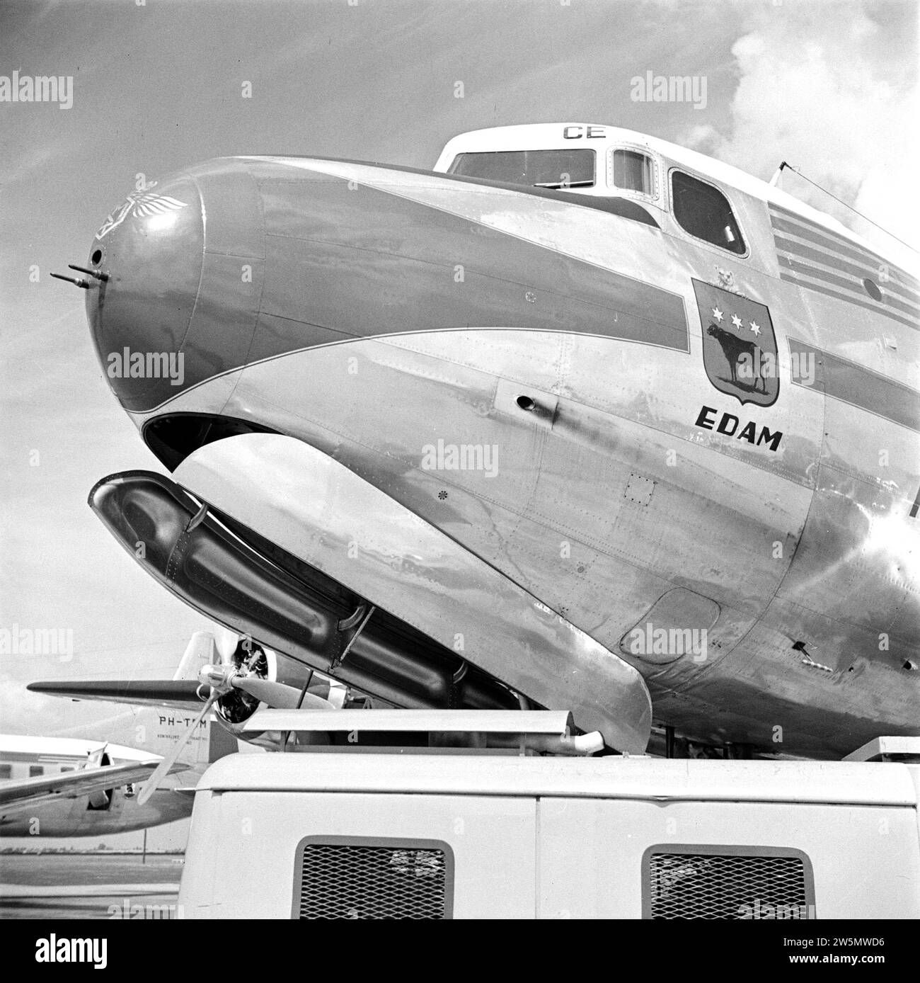 The name lettering of the four-engined KLM DC-4 passenger plane 'Edam ...