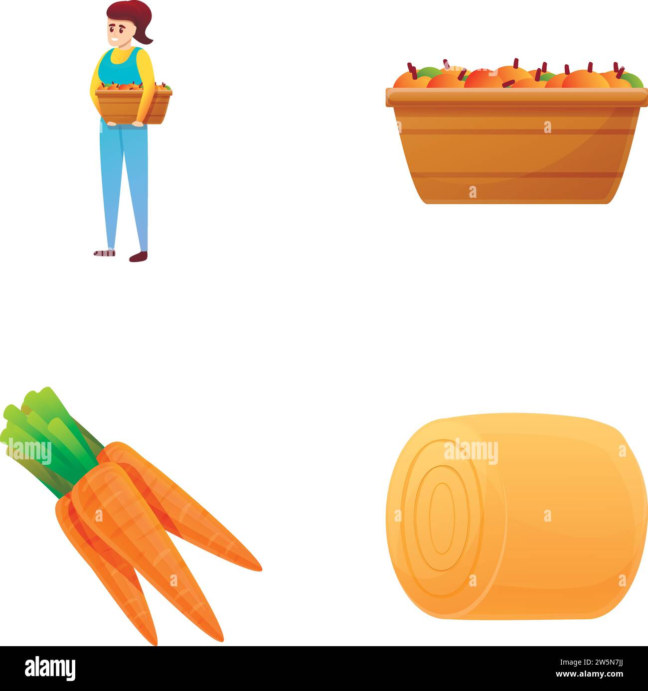 Harvesting icons set cartoon vector. Agriculture worker produce food ...
