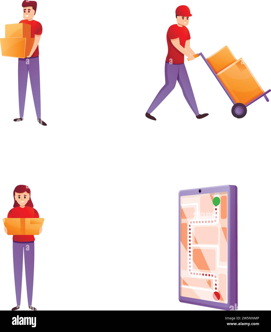 Hand delivery icons set cartoon vector. Man and woman courier ...