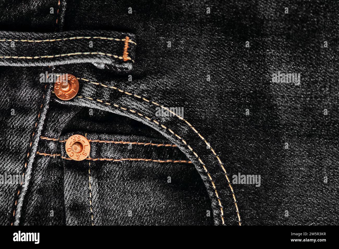 Close up of details of new LEVI'S 501 Jeans. Buttons and seams and ...