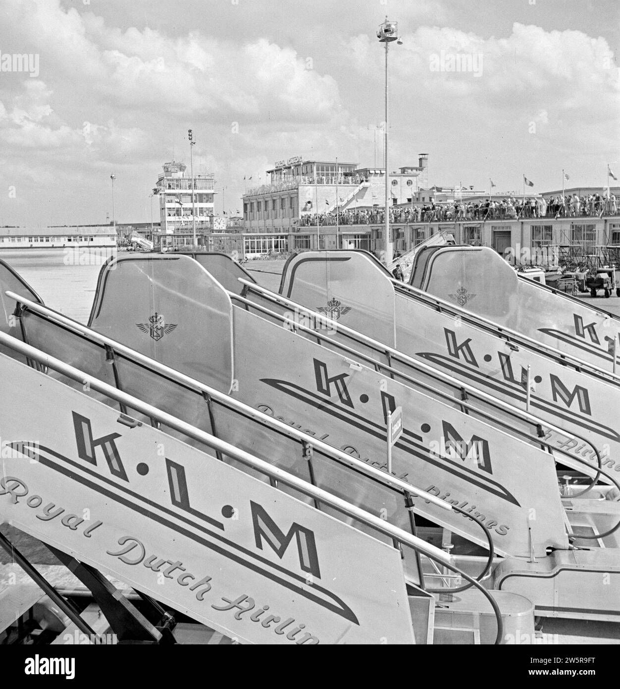 Four KLM flight stairs on the aircraft adjustment area at Schiphol ...