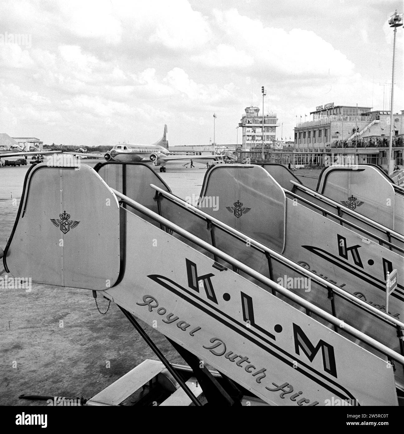 Four KLM flight stairs on the aircraft adjustment area at Schiphol ...