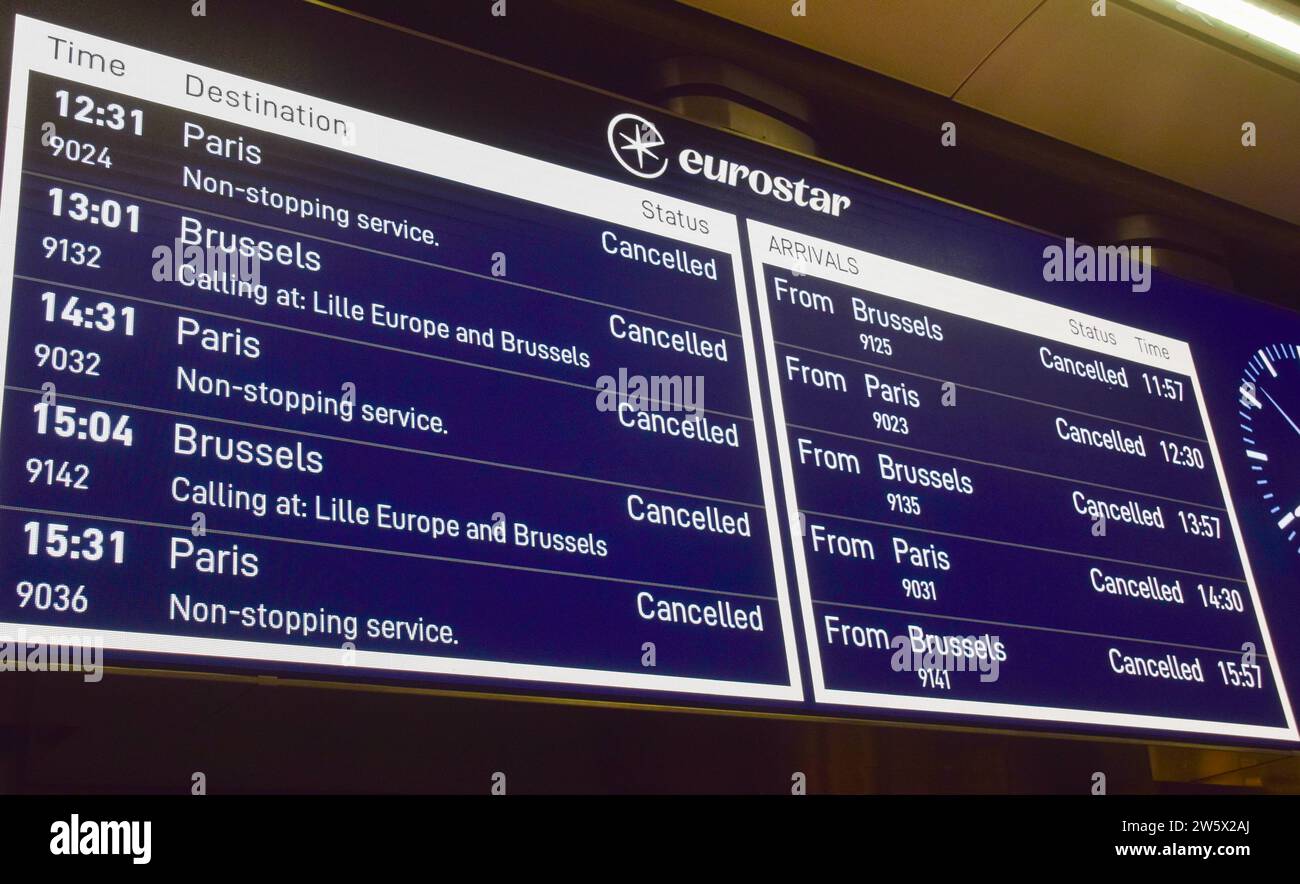 London, England, UK. 21st Dec, 2023. A board at St Pancras ...