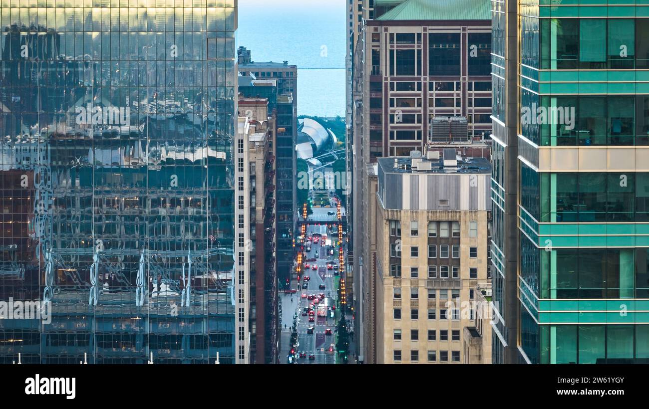 Chicago street cutting through skyscraper buildings with architecture ...