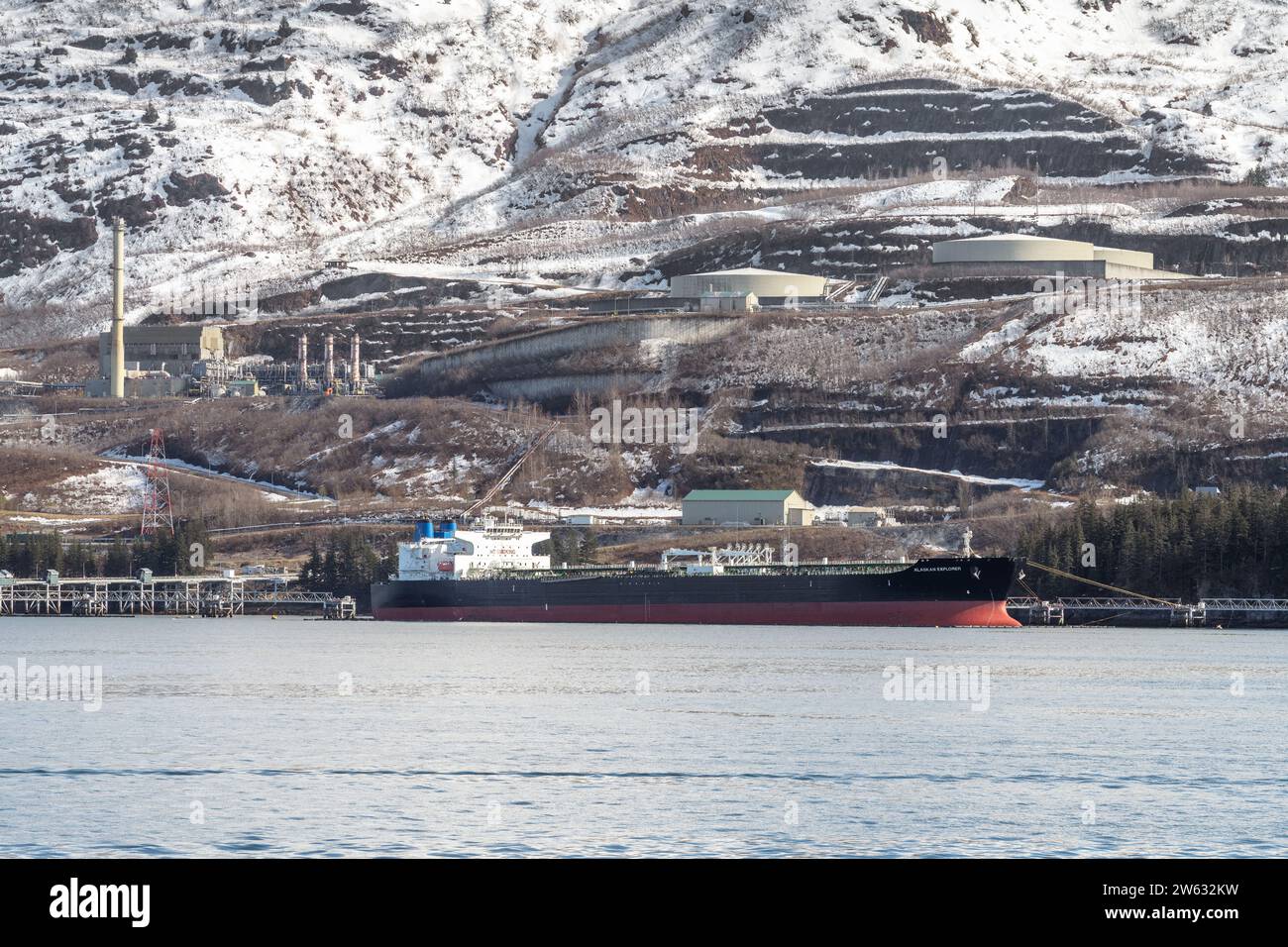Large tanker, Alaskan Explorer, docked at the Valdez Marine Terminal in ...