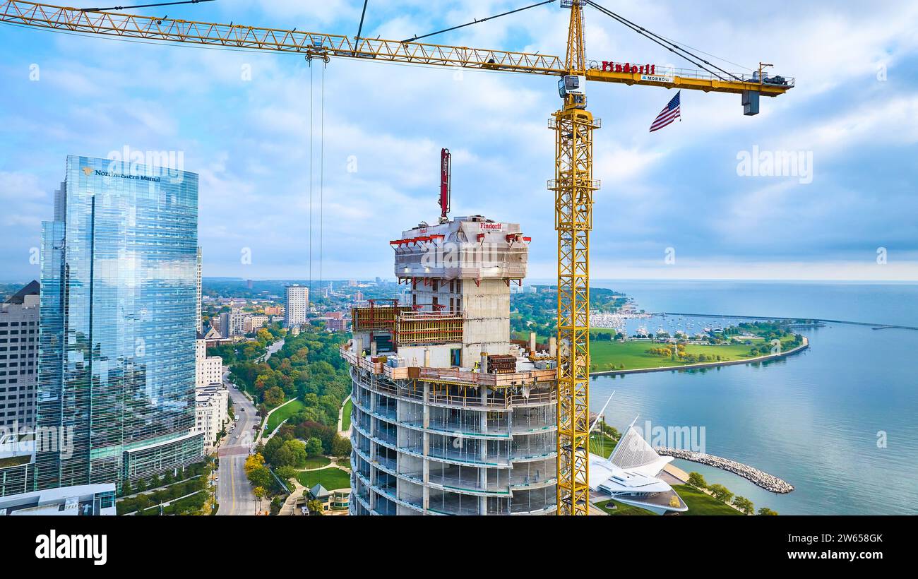 Aerial View of Urban Construction Site and Crane, Milwaukee Skyscape ...