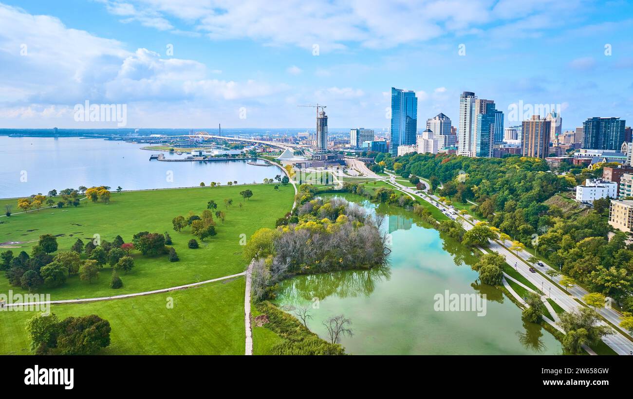 Aerial View of Milwaukee Park and Skyline by Lake Michigan Stock Photo ...