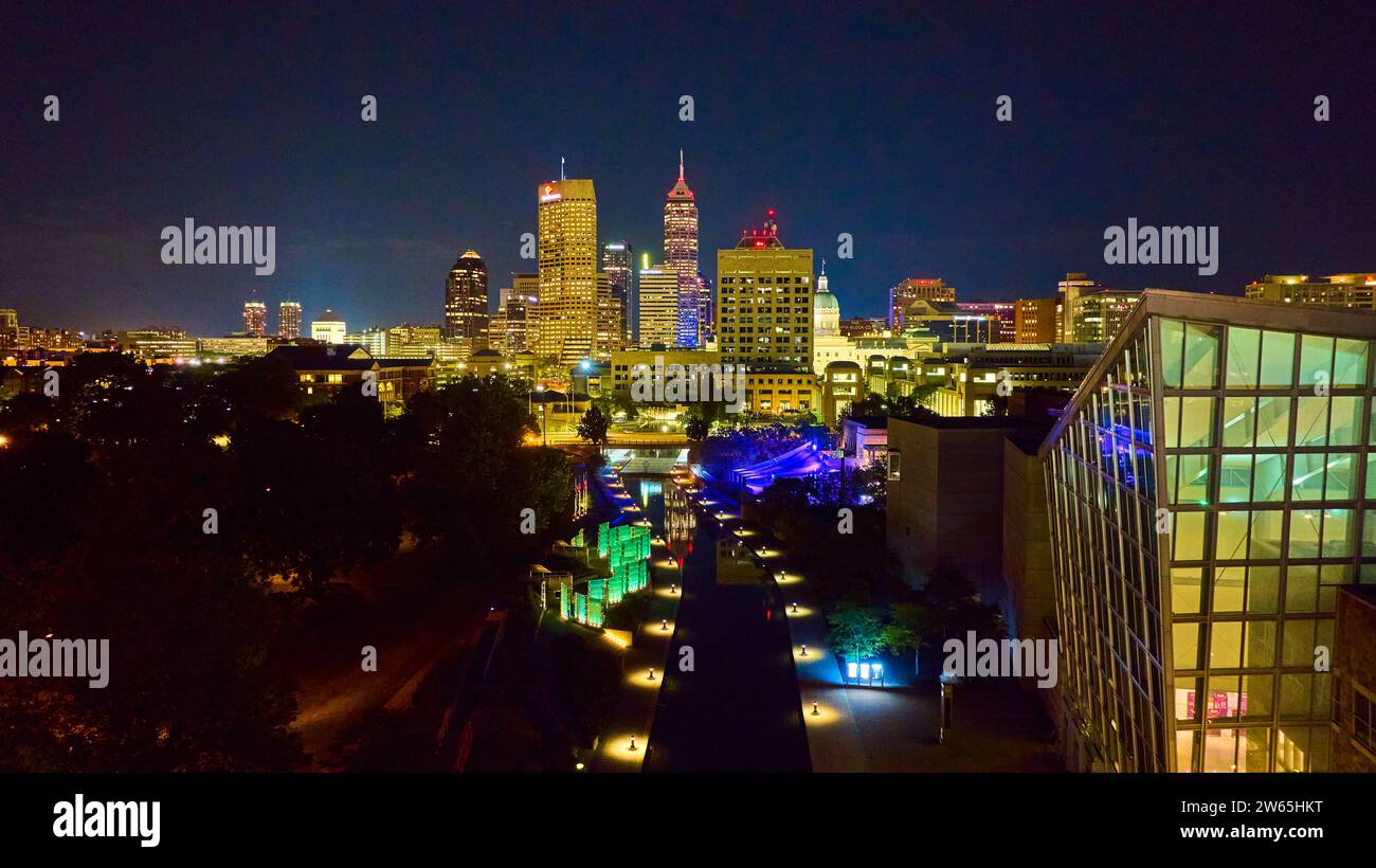 Aerial Indianapolis Night Cityscape with Illuminated Skyscrapers and ...
