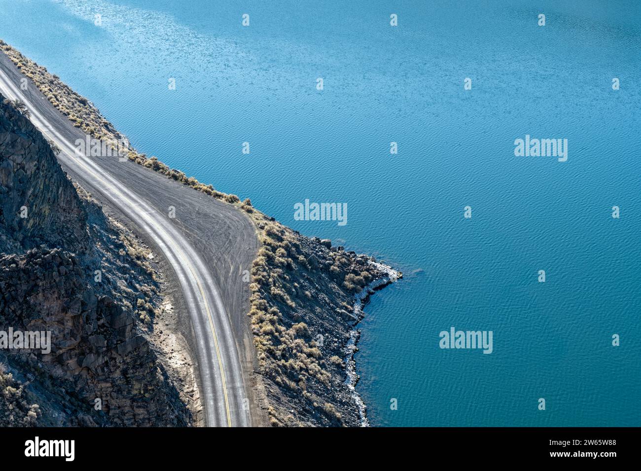 Aerial view of SW Jordan road curving along the Crooked River at Cove ...