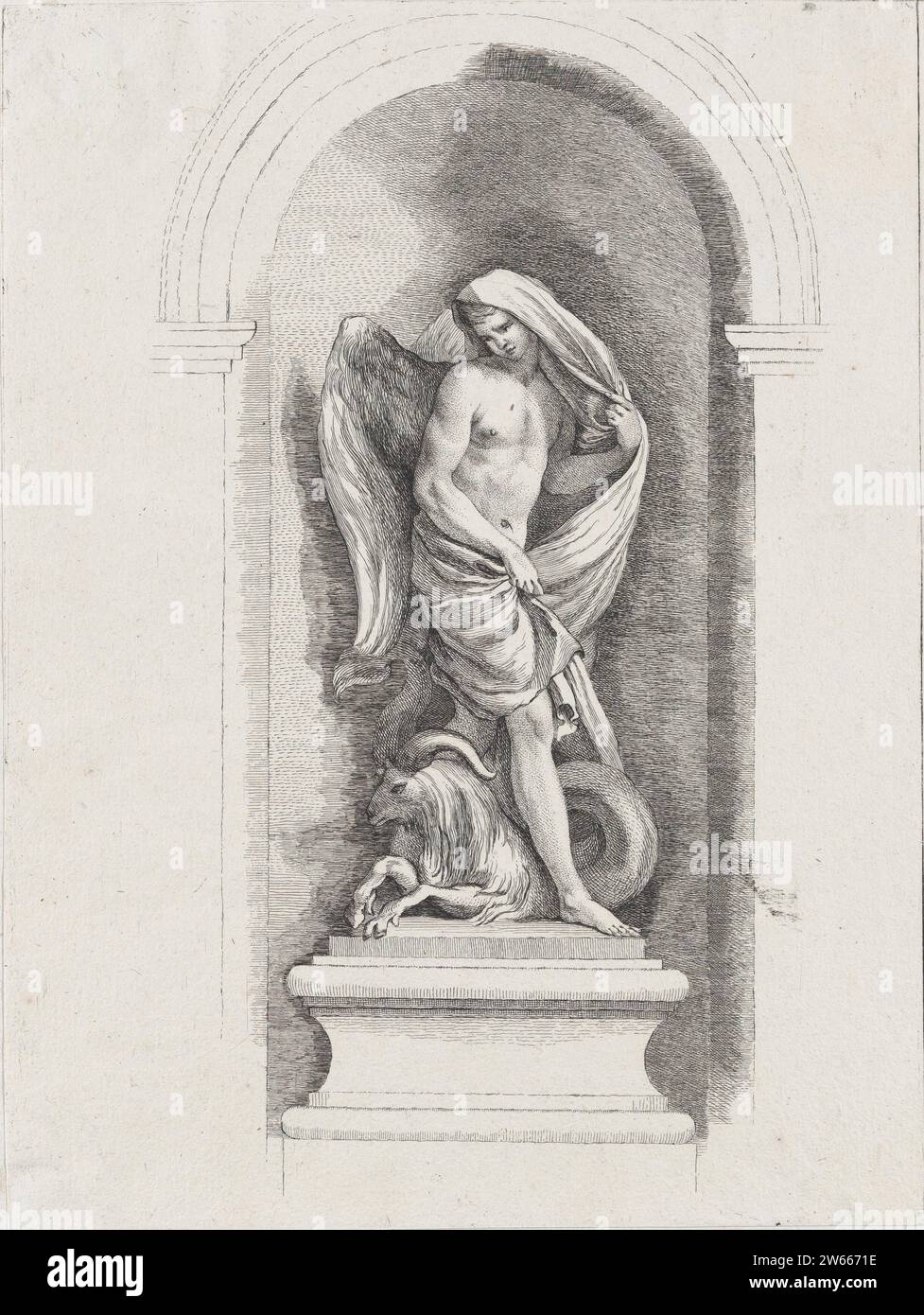 Standing male angel holding drapery and standing over a ram; allegory ...