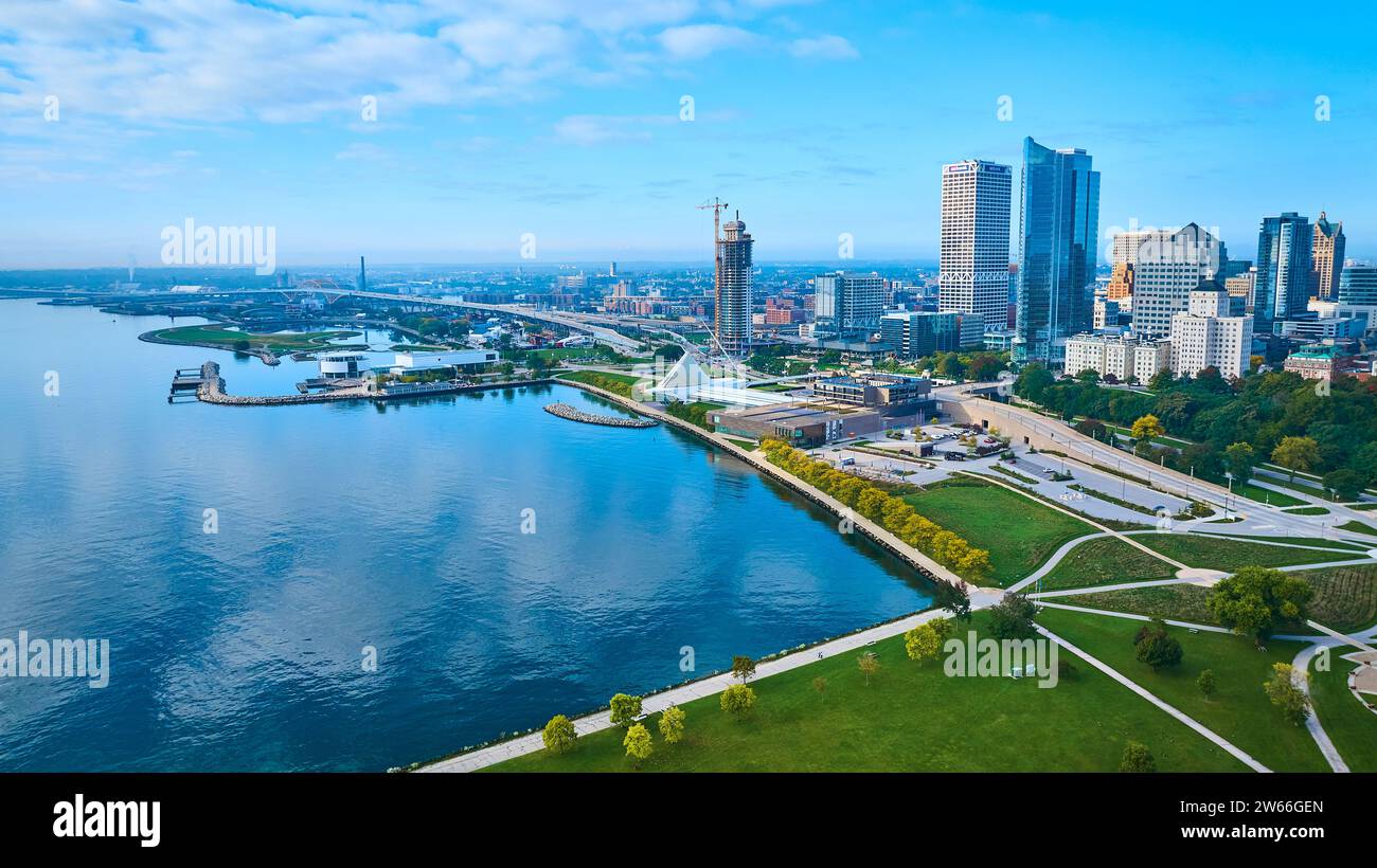 Aerial Milwaukee Skyline and Waterfront Park by Lake Michigan Stock ...