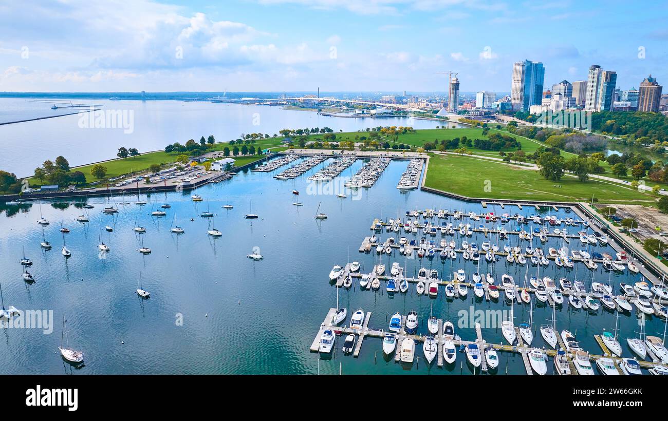 Aerial View of Milwaukee Marina with City Skyline and Boats Stock Photo ...