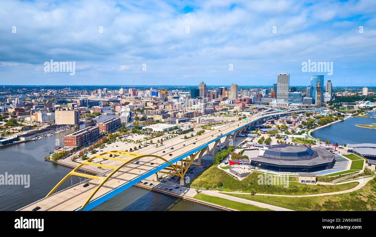Aerial View of Milwaukee Cityscape with Stadium and Hoan Bridge ...