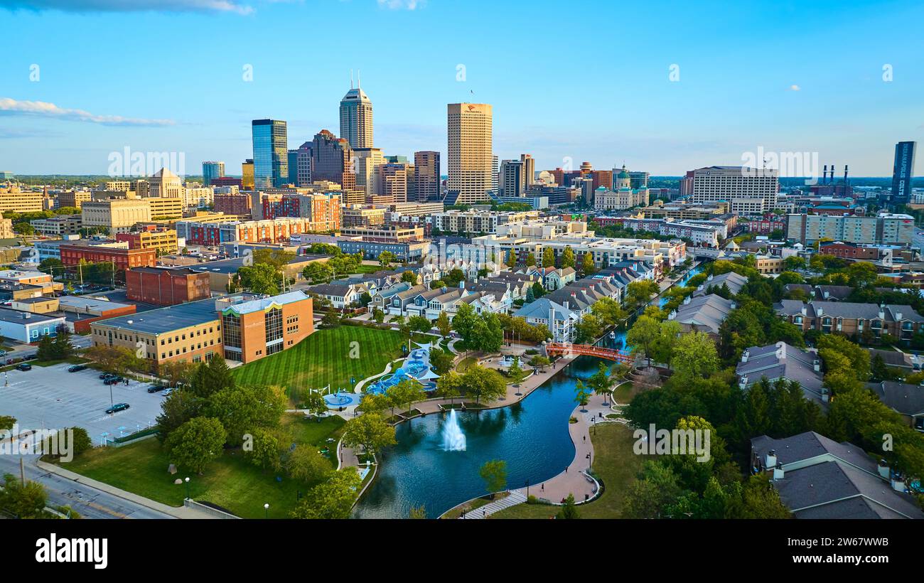 Aerial Downtown Indianapolis Skyline at Golden Hour with Park and River ...