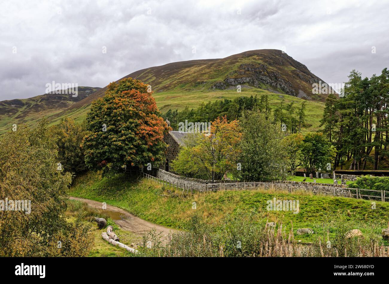 The parish church Spittal of Glenshee and peak of Ben Gulabin, in the ...