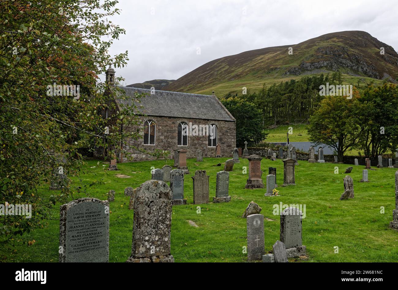 The parish church Spittal of Glenshee and peak of Ben Gulabin, in the ...