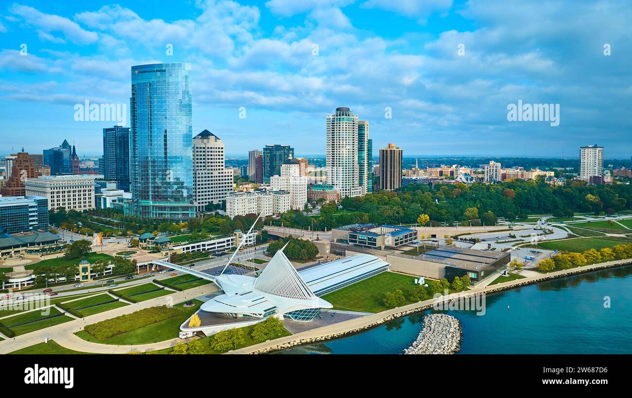 Aerial View of Milwaukee Skyline with Modern Pavilion and Lake Michigan ...