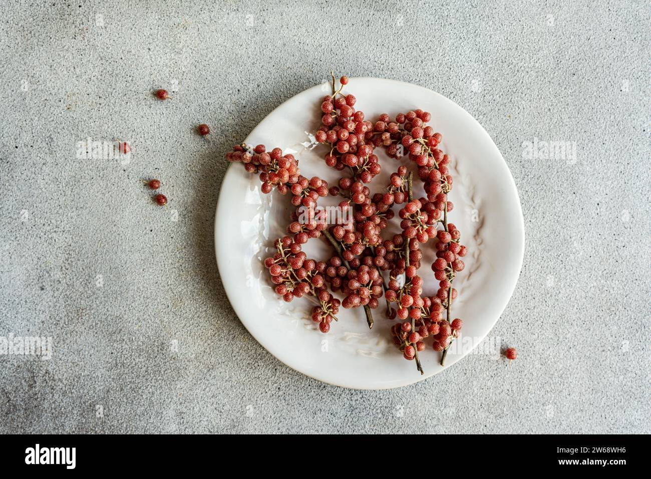 Top view of scattered organic buffaloberries on a white ceramic plate ...