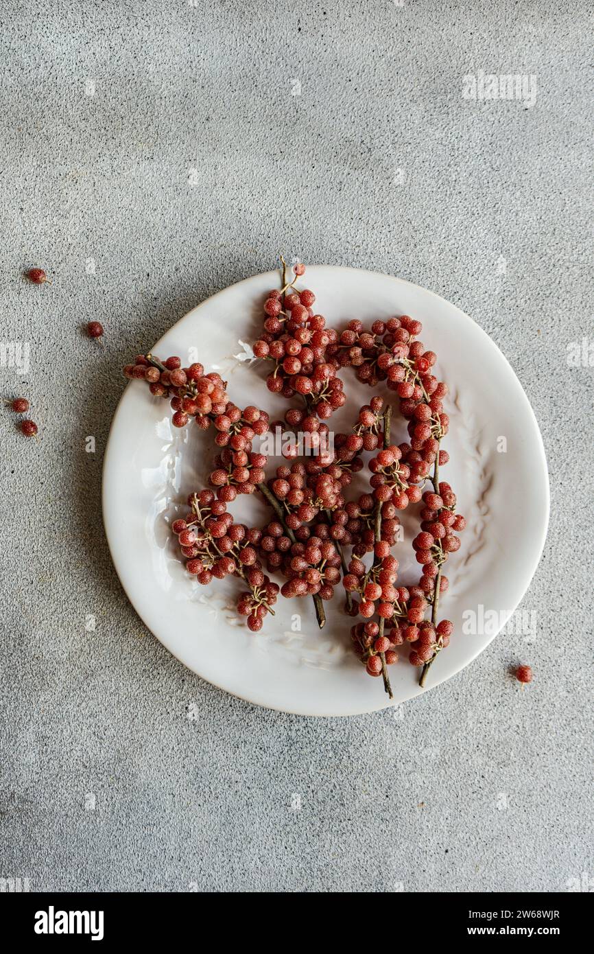 From above of scattered organic buffaloberries on a white ceramic plate ...