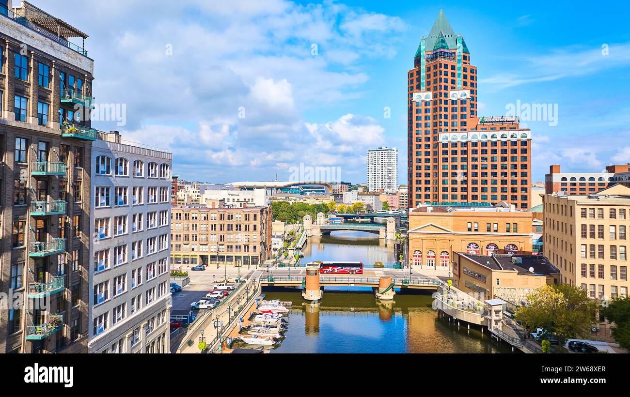Aerial View of Milwaukee High-Rise, Riverfront and Drawbridge Stock ...
