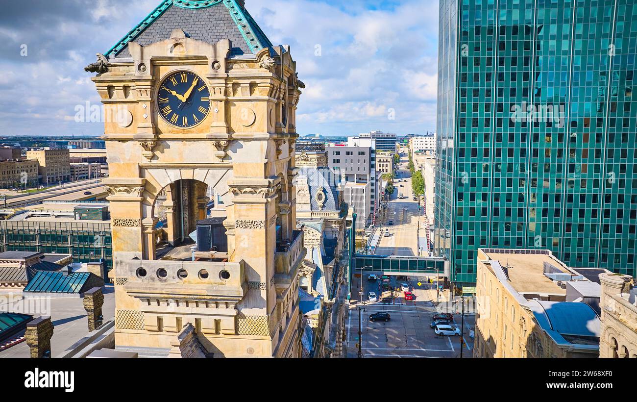 Aerial View of Historic Clock Tower and Modern Skyscrapers in Urban ...