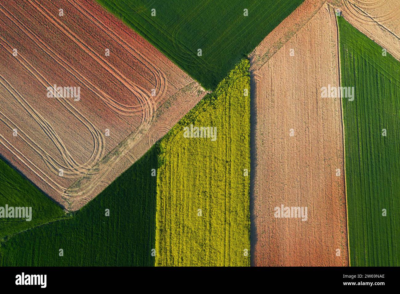 Textured aerial view of farmland showing geometric patterns of plowed ...