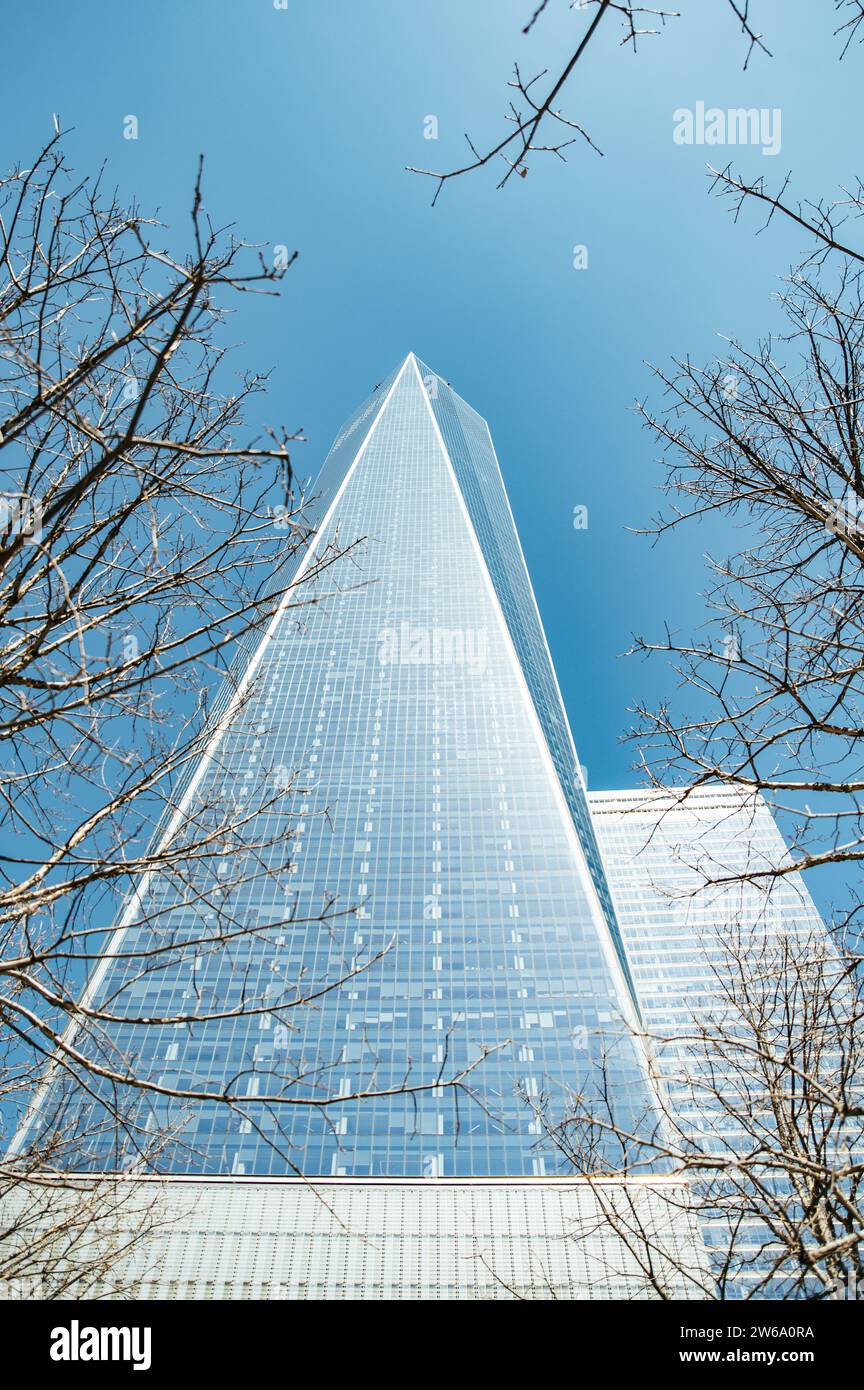 From below of contemporary high rise world trade center buildings with ...