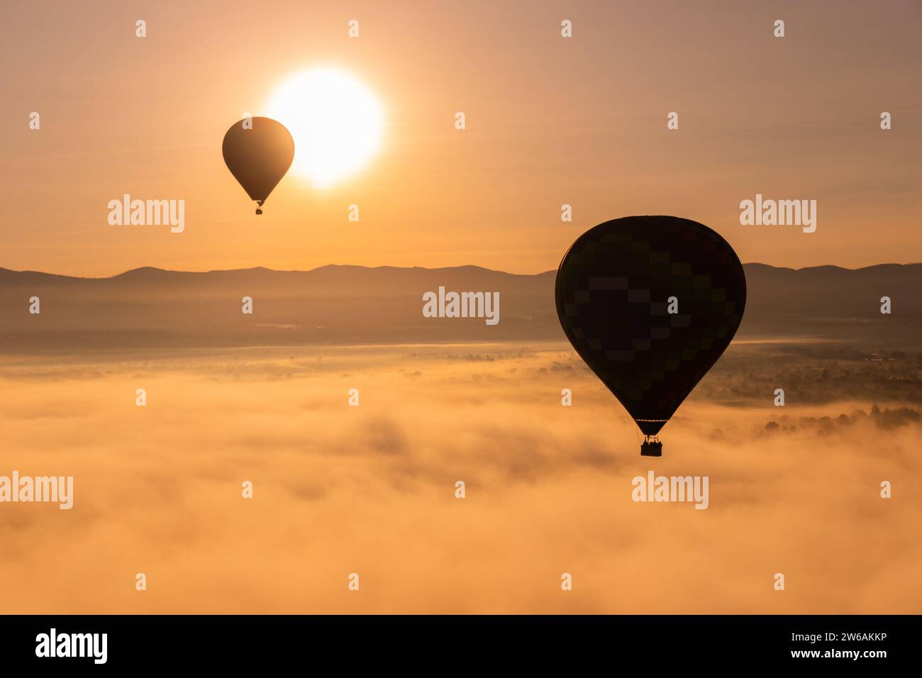 Hot air balloon floats in the golden sunrise sky above a mist-covered ...