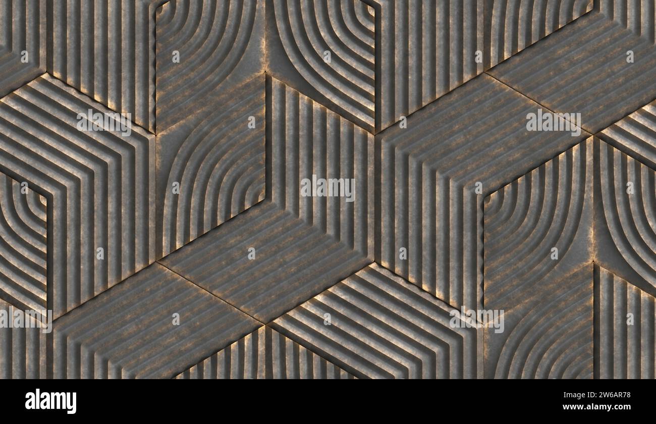 An abstract geometric pattern featuring interlocking metal tiles with ...