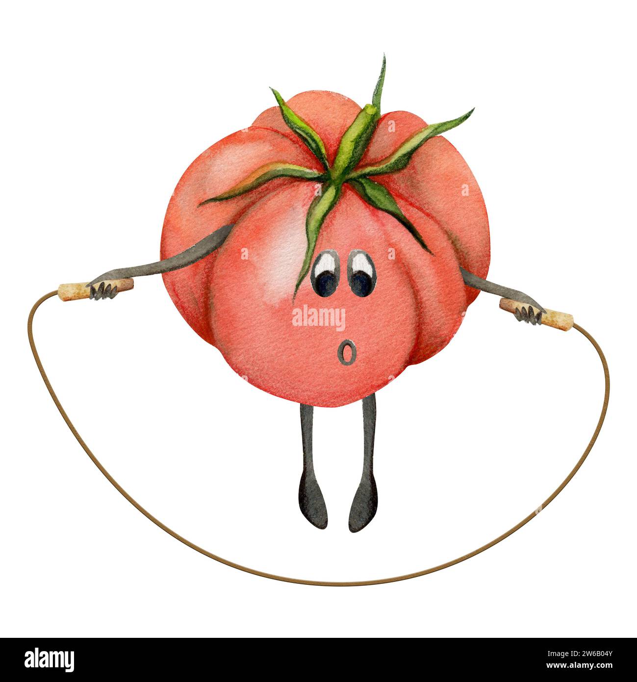 Hand drawn watercolor cute tomato character doing exercise skipping on ...