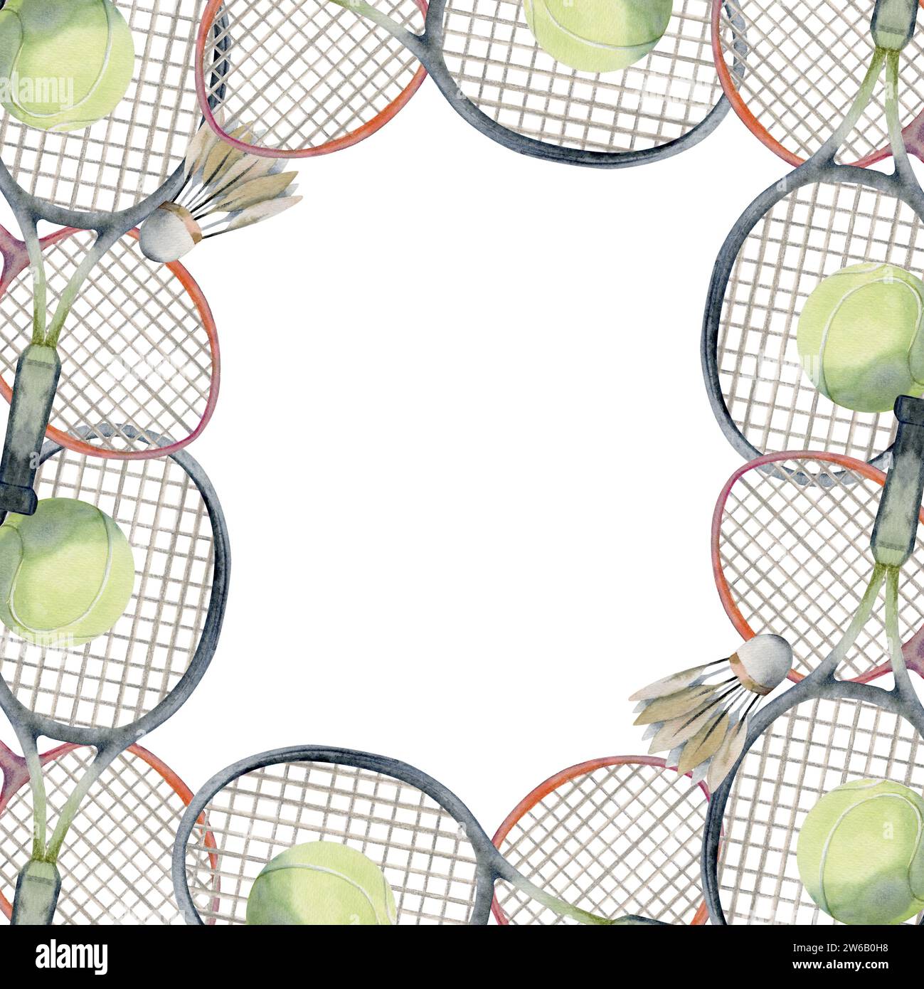 Hand drawn watercolor sports gear equipment, tennis badminton ball ...