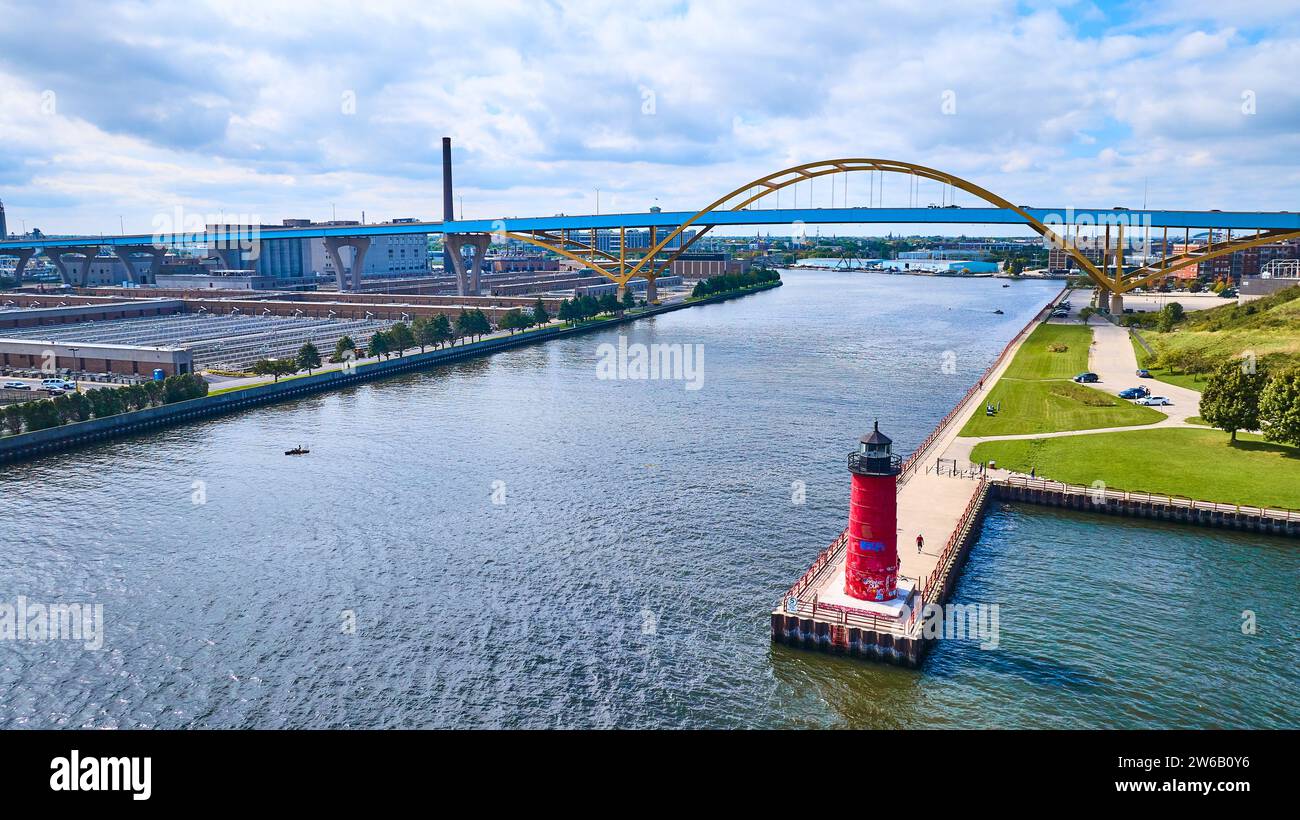 Aerial View of Milwaukee Pierhead Lighthouse and Hoan Bridge Stock ...