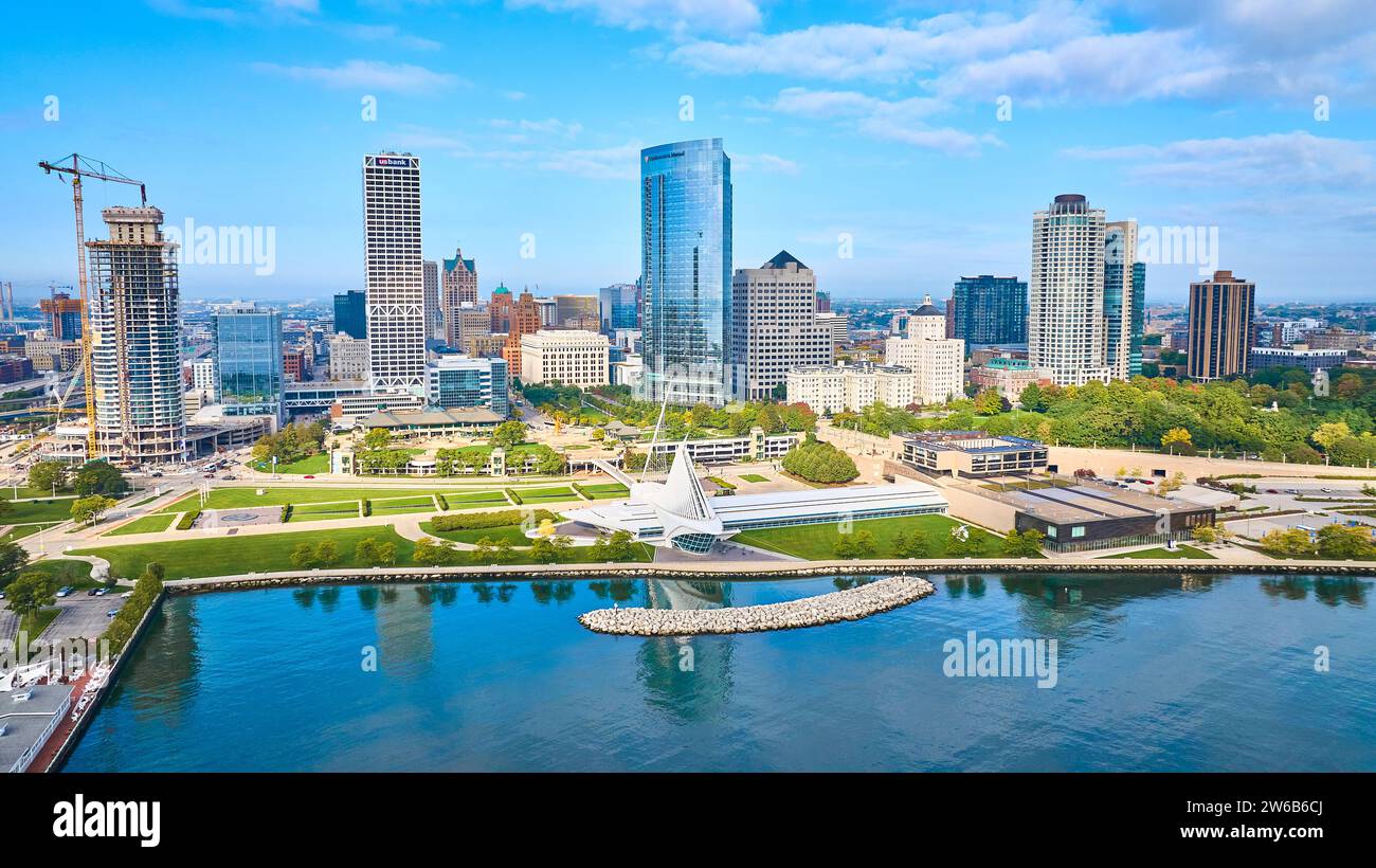 Aerial View of Milwaukee Skyline, Lakefront Park, and Construction ...