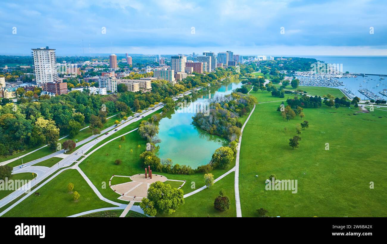 Aerial View of Urban Park by Lake Michigan with Cityscape Stock Photo ...