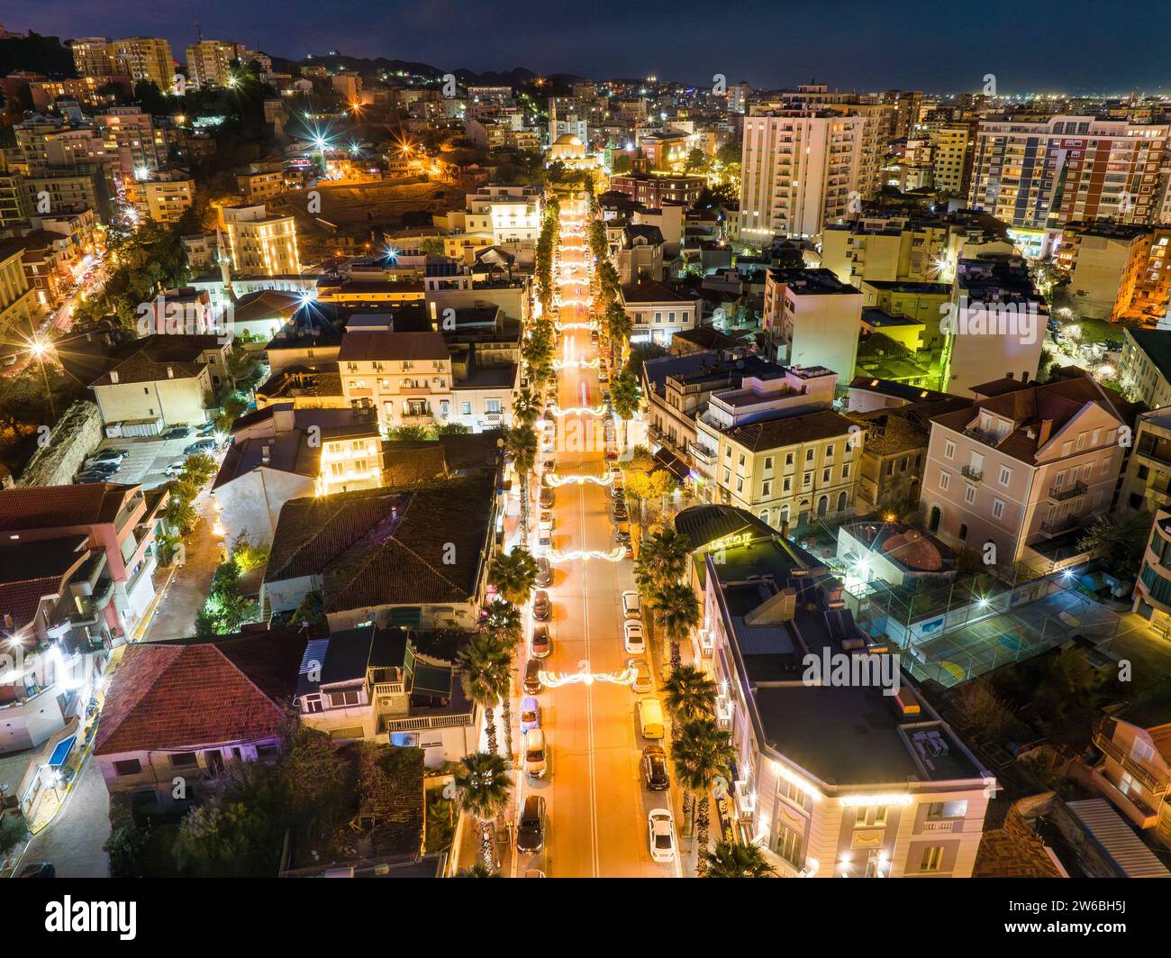Aerial Image of Durresi central with festive decorations Stock Photo ...
