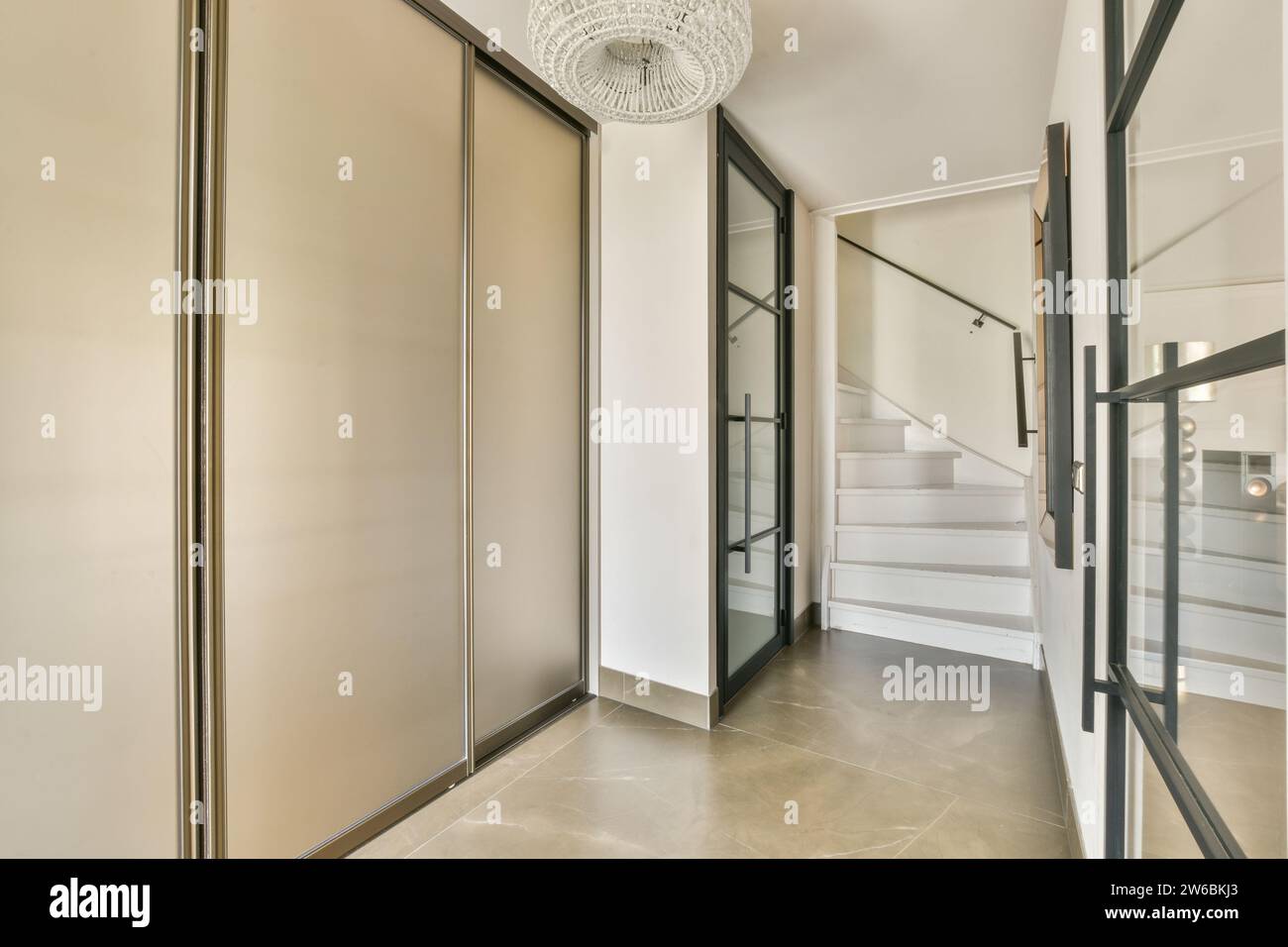 A contemporary home interior showcasing a chic hallway with sliding ...