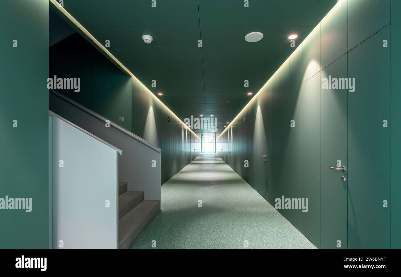 Interior of illuminated green passage with staircase and green doors in ...