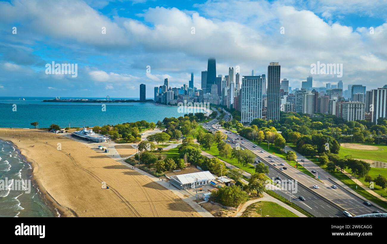 Sandy beach coast aerial with Chicago downtown skyscrapers and Lake ...