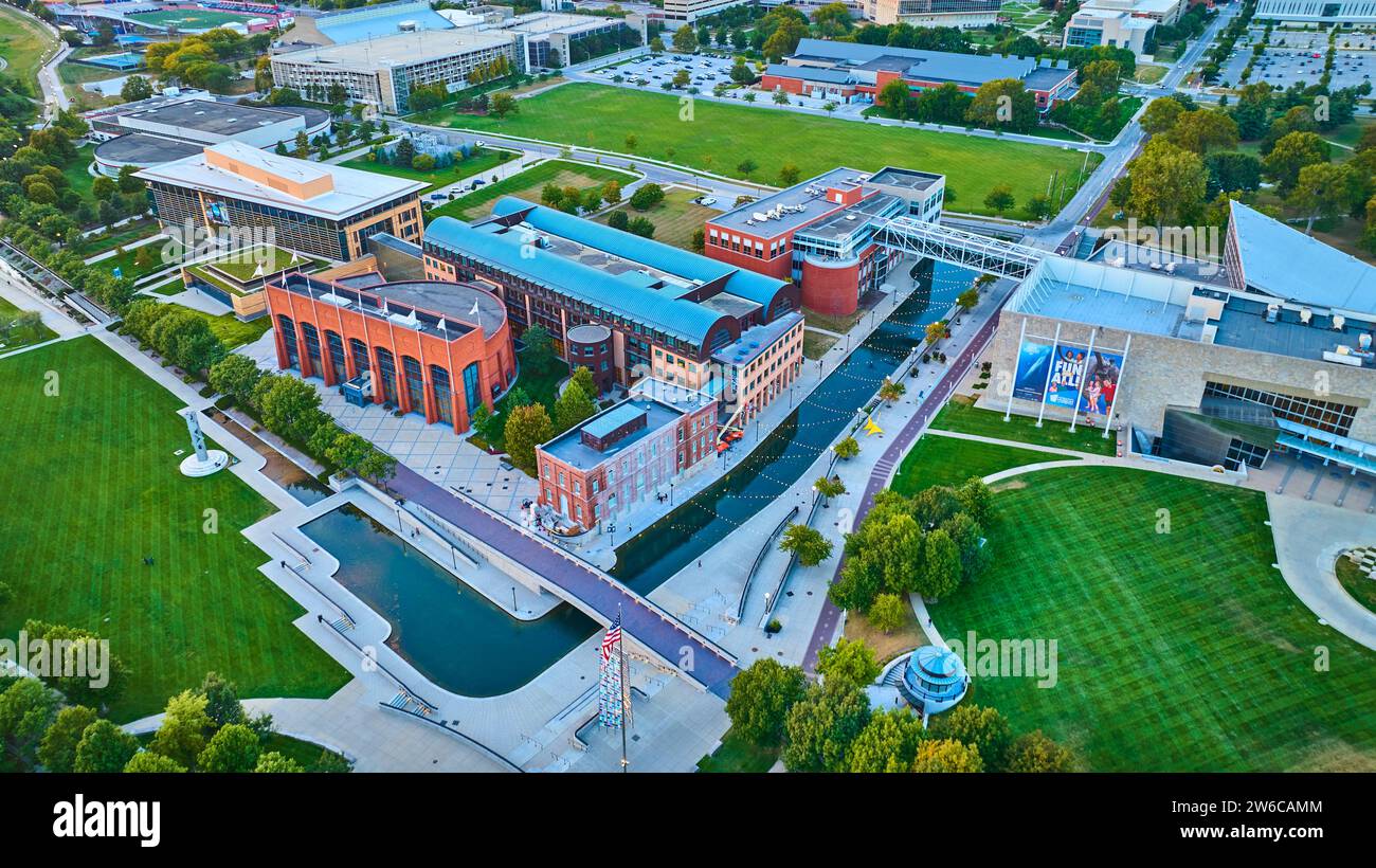Aerial View of Urban Campus with Modern Architecture at Golden Hour ...