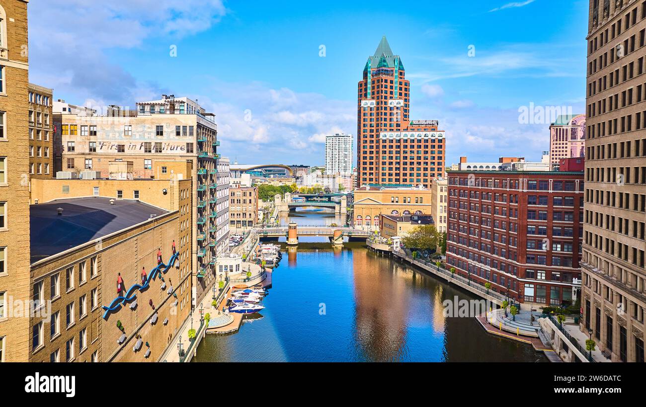 Aerial Urban Riverfront with High-Rise and Brick Buildings, Milwaukee ...
