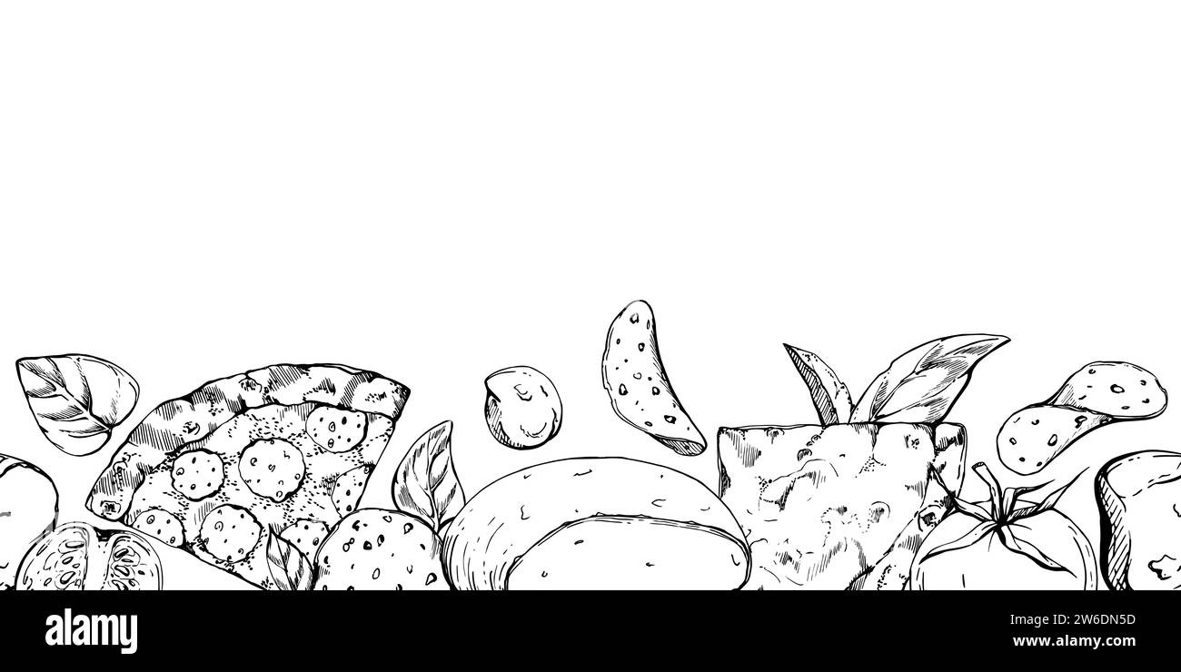 Hand drawn vector ink illustration. Pizza slices and toppings ...