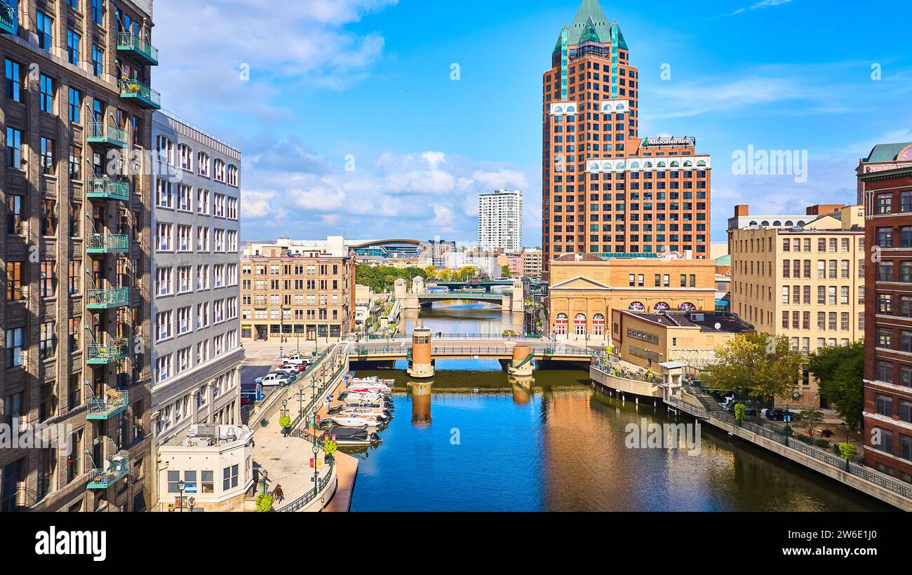Aerial Milwaukee Urban Riverside with Historic and Modern Buildings ...