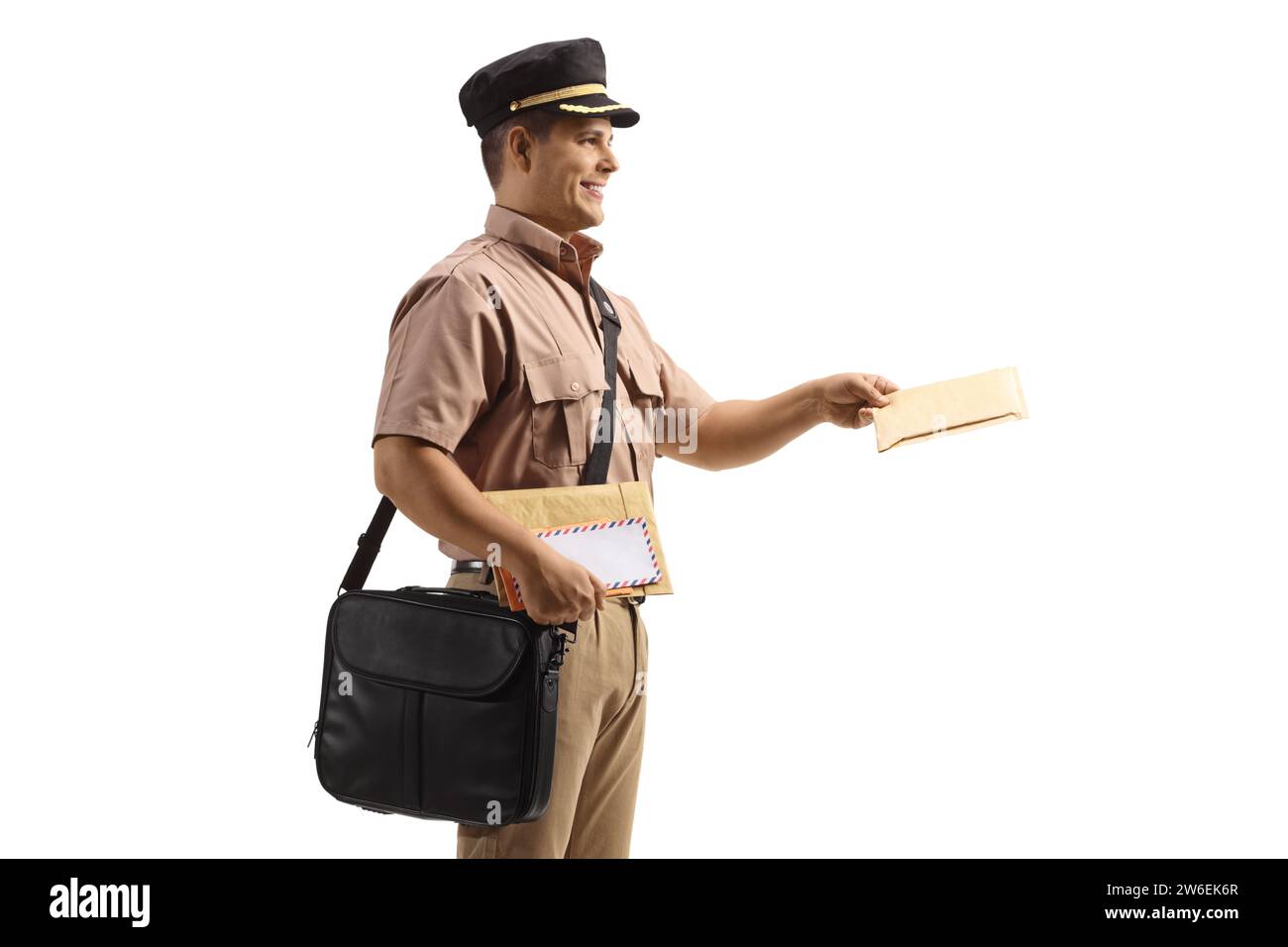 Mailman delivering a letter isolated on white background Stock Photo ...