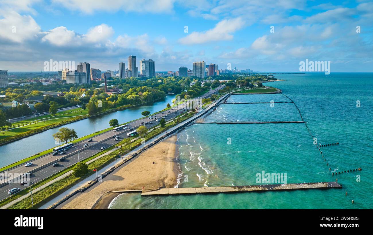 Tourism sandy beach along coast for Chicago travel aerial beside Lake ...