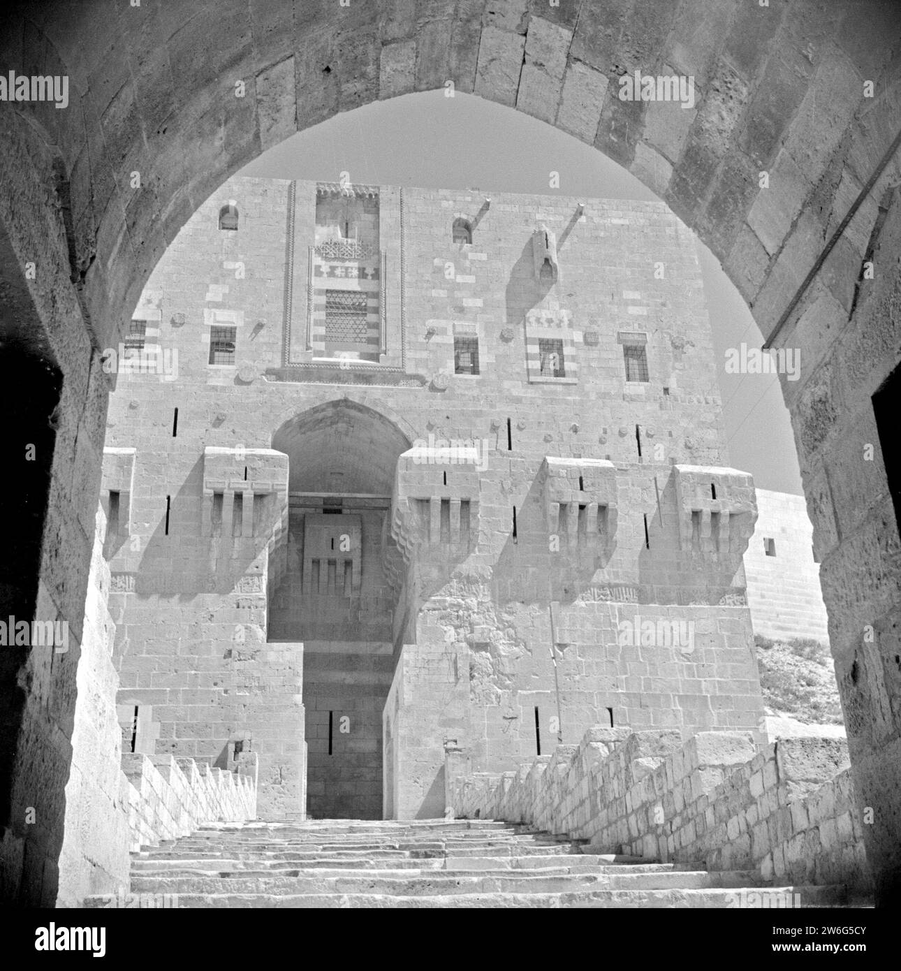 In the citadel of Aleppo. View of the main gate from a courtyard ca ...