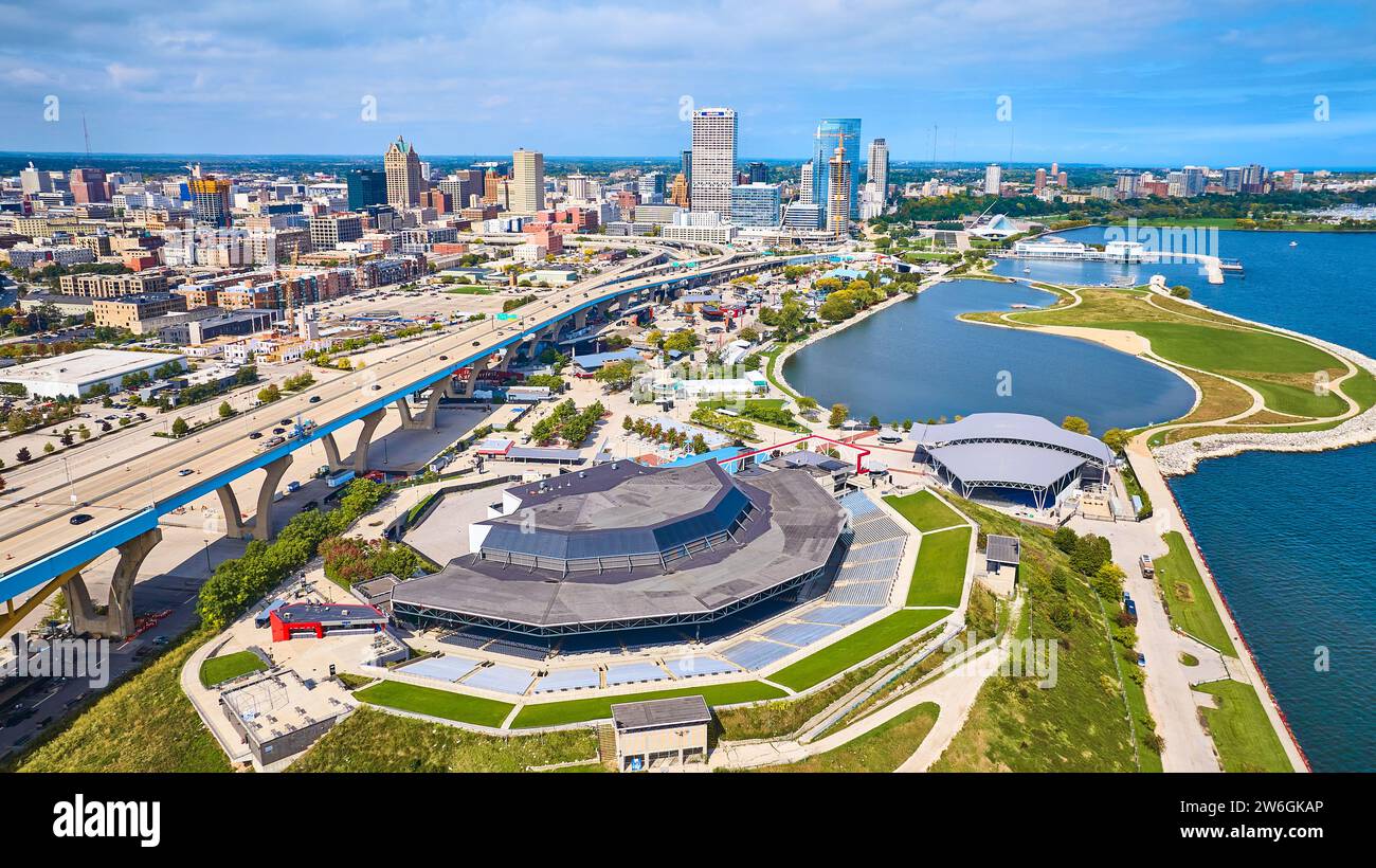 Aerial View of Milwaukee Cityscape, Stadium, and Waterfront Park Stock ...