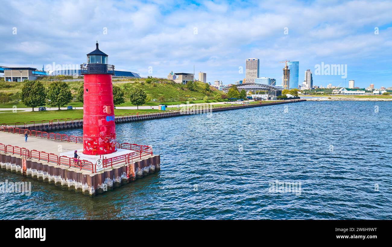 Aerial View of Red Milwaukee Pierhead Lighthouse and City Skyline Stock ...